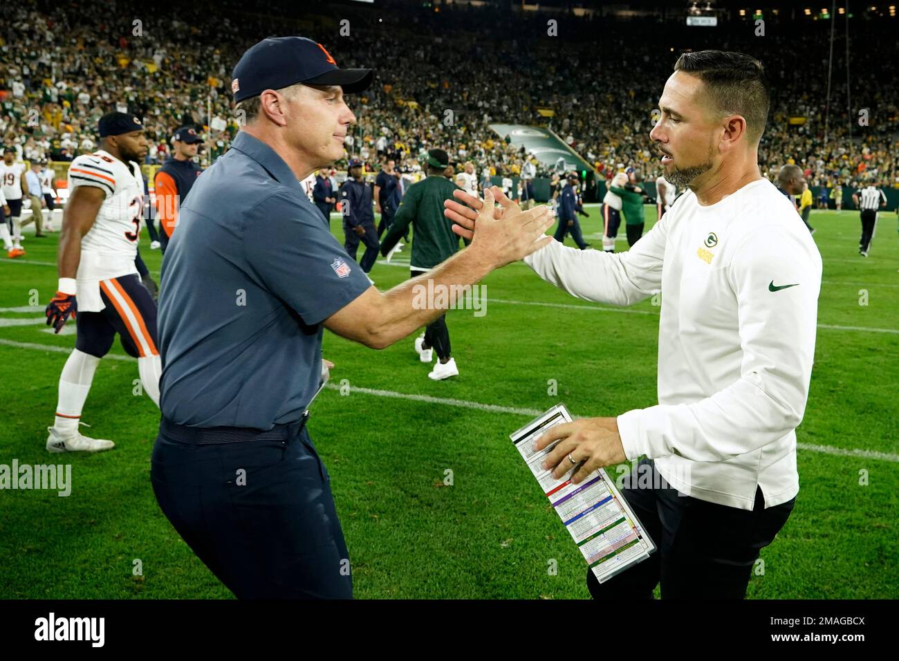 Chicago Bears head coach Matt Eberflus left, greets Green Bay Packers ...