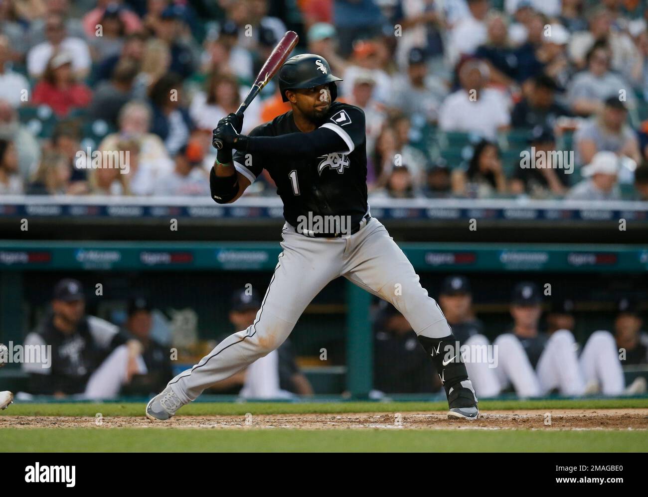 Chicago White Sox's Elvis Andrus bats against the Detroit Tigers during ...