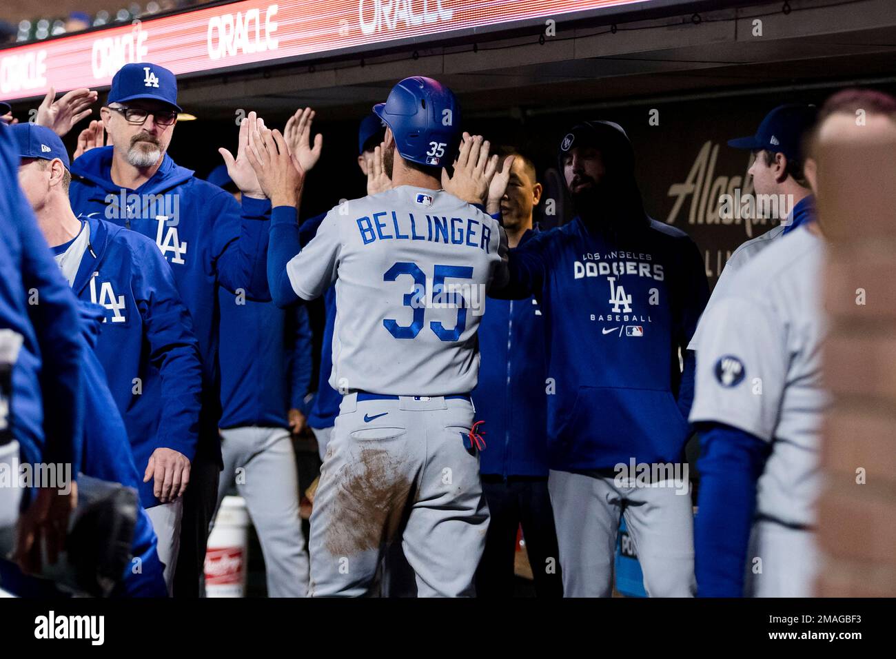 Los Angeles Dodgers' Cody Bellinger (35) celebrates in the dugout after ...