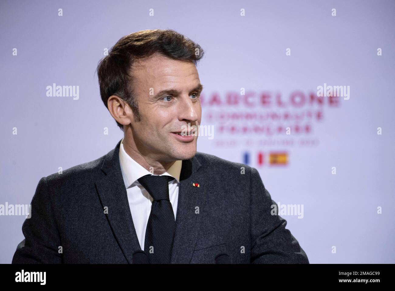 Barcelona, Spain. 19th Jan, 2023. France's President Emmanuel Macron ...