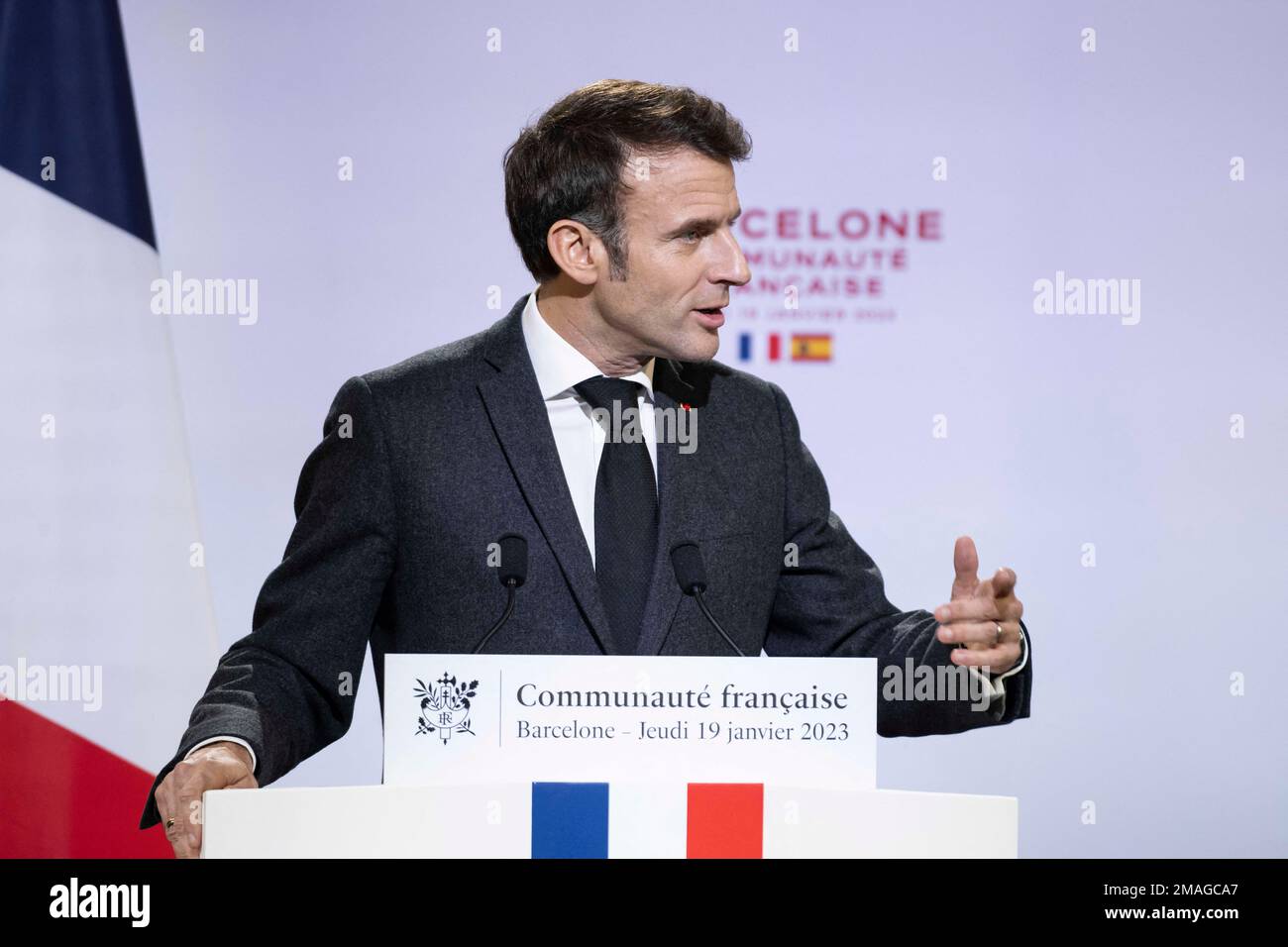 Barcelona, Spain. 19th Jan, 2023. France's President Emmanuel Macron ...