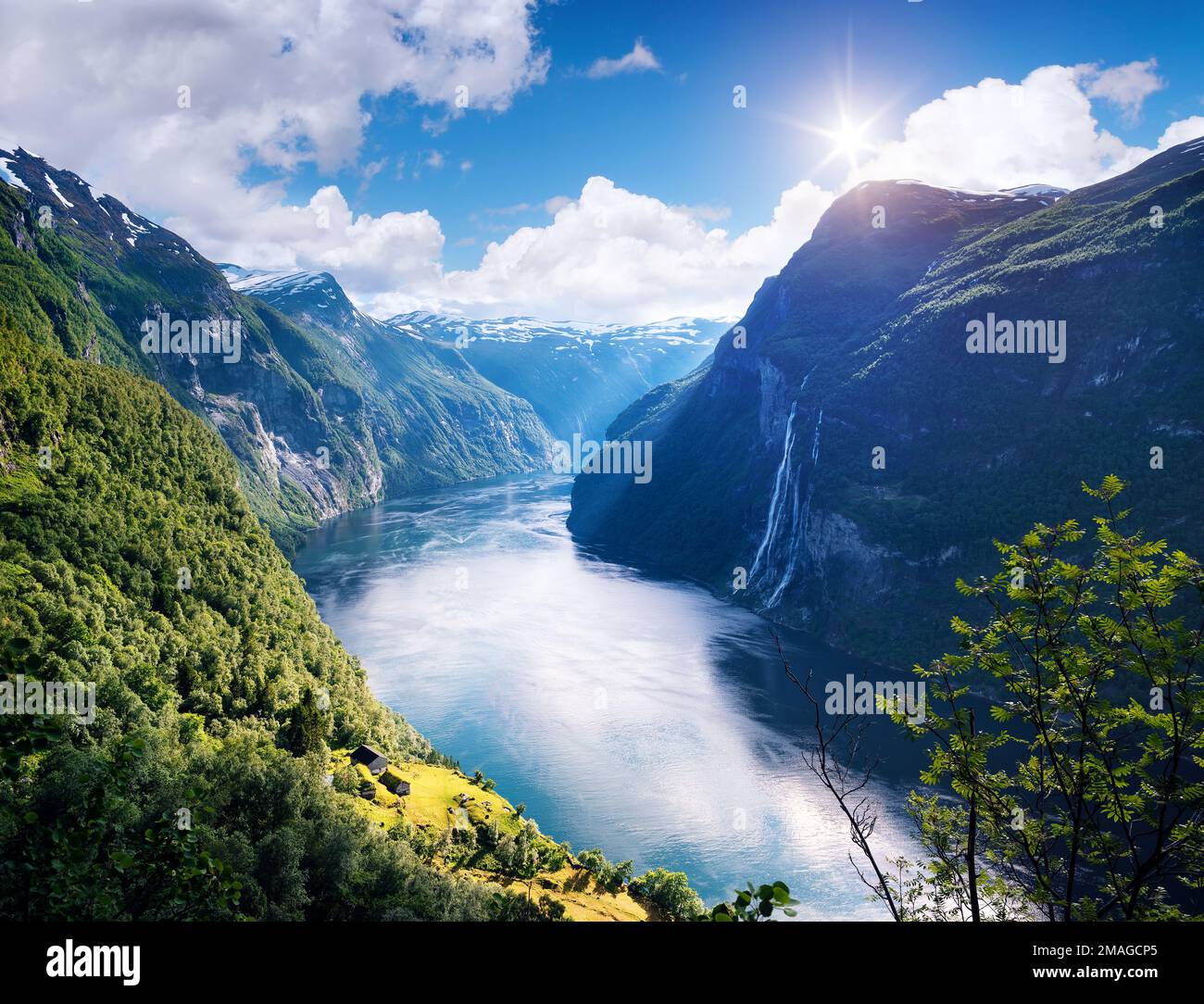 Geirangerfjord fjord. View of the old mountain farm and the Seven ...