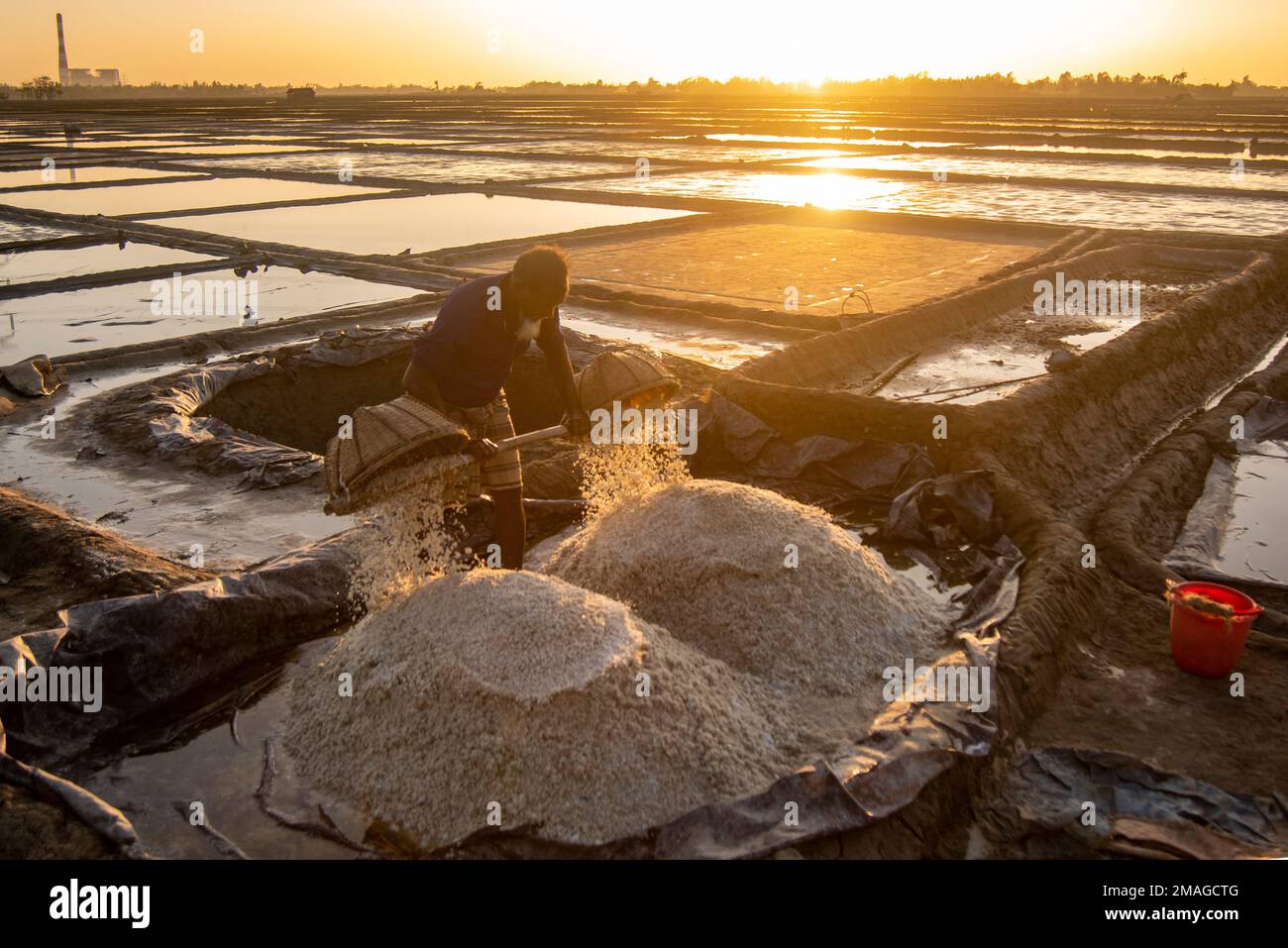 A farmer unloads raw salt at salt field yard in Chittagong, Bangladesh ...