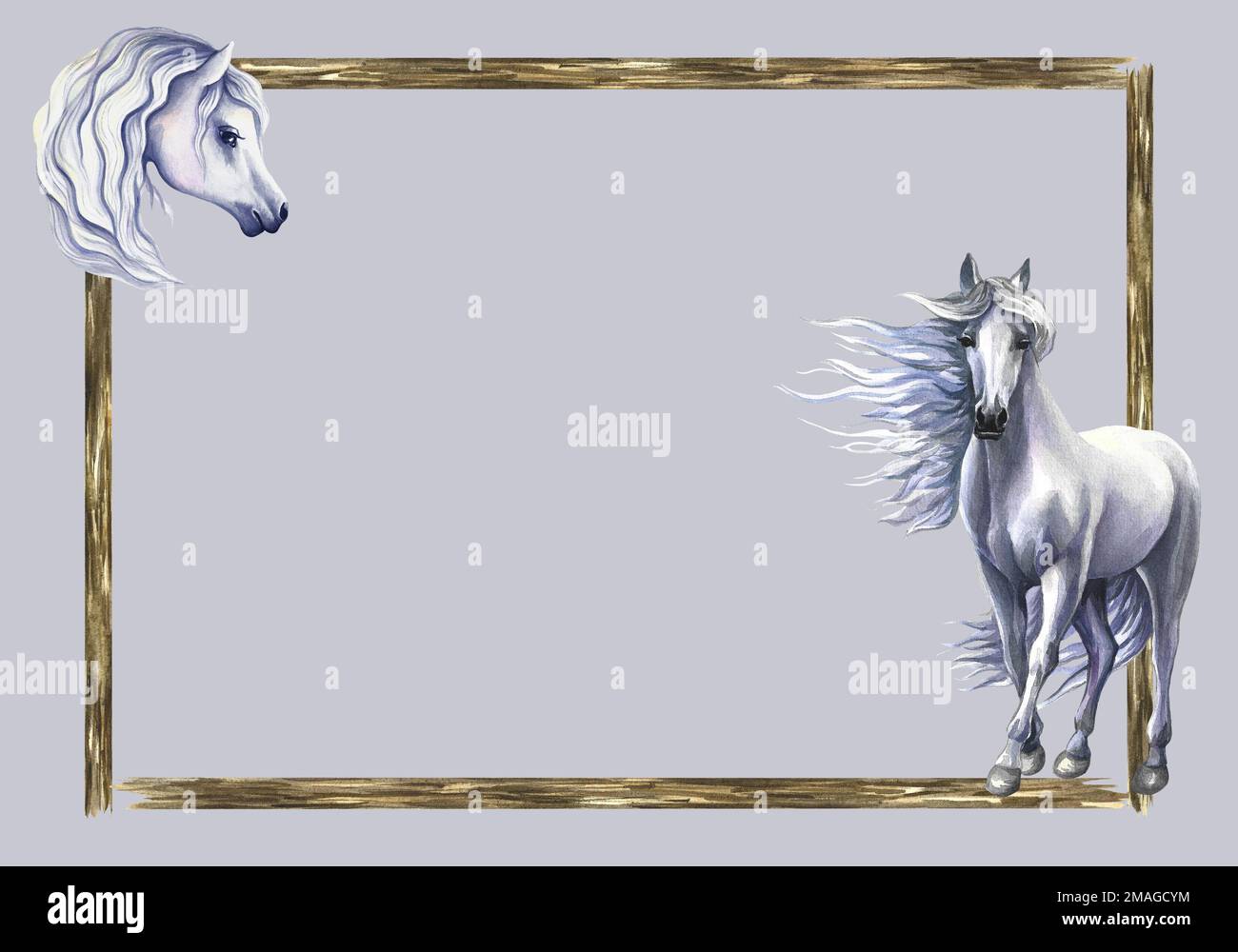 Wooden frame with a horse. Watercolor drawing. Photo frame design ...