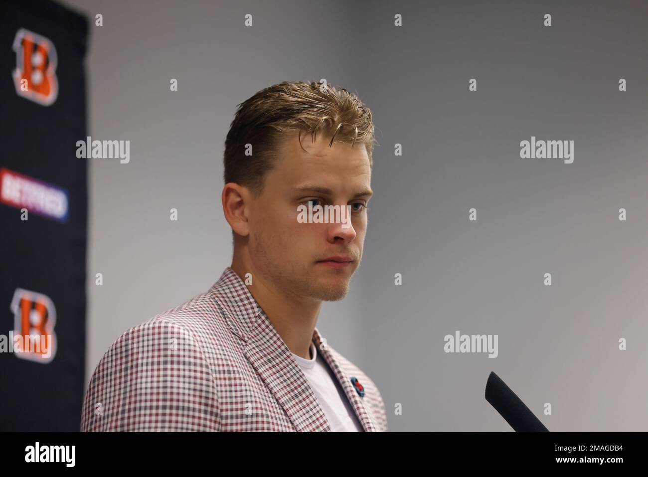 Cincinnati Bengals quarterback Joe Burrow talks to the media at his ...
