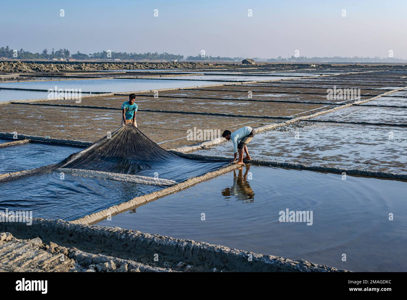 A farmer unloads raw salt at salt field yard in Chittagong, Bangladesh ...