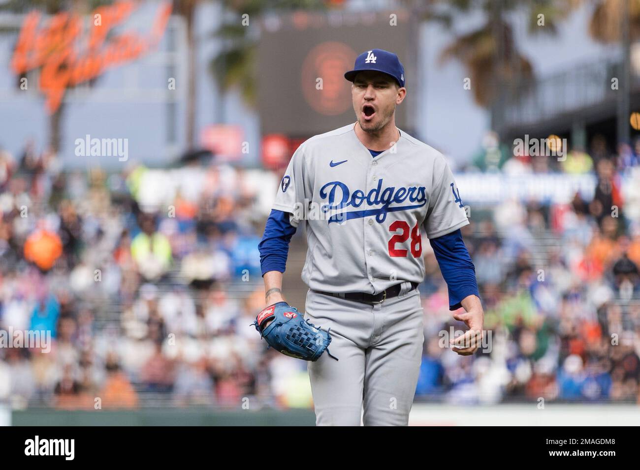 Los Angeles Dodgers pitcher Andrew Heaney reacts after ending the ...