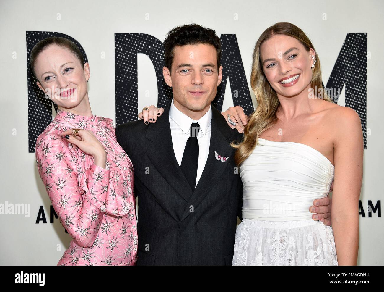 Andrea Riseborough, left, Rami Malek and Margot Robbie pose together at ...