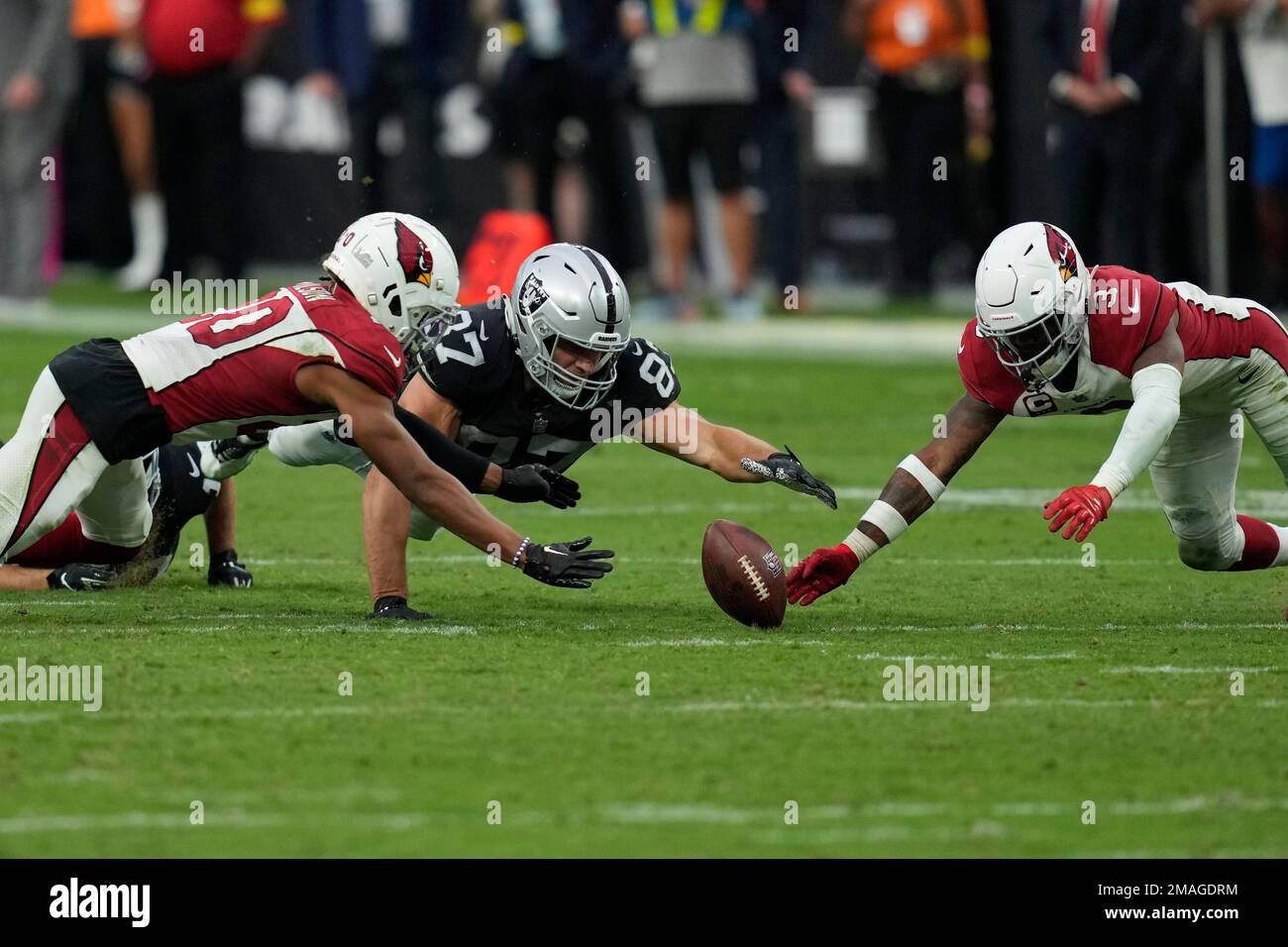 Las Vegas Raiders tight end Foster Moreau (87) recovers a fumble ...