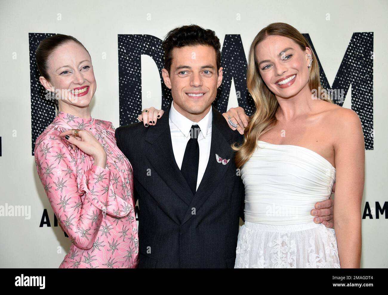 Andrea Riseborough, left, Rami Malek and Margot Robbie pose together at ...