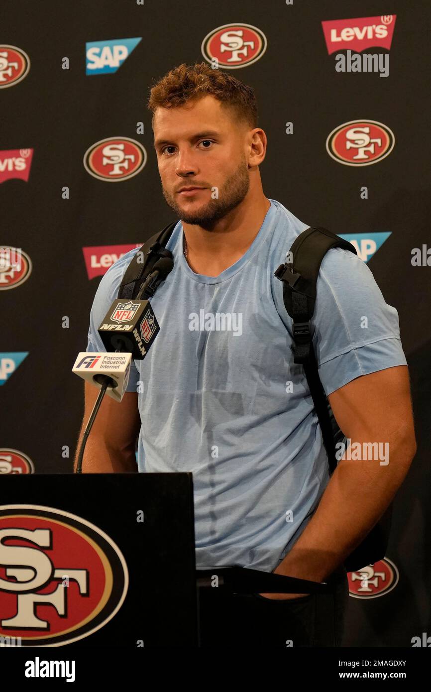 San Francisco 49ers defensive end Nick Bosa speaks at a news conference ...