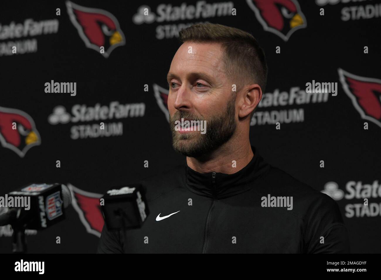Arizona Cardinals head coach Kliff Kingsbury answers questions after an ...