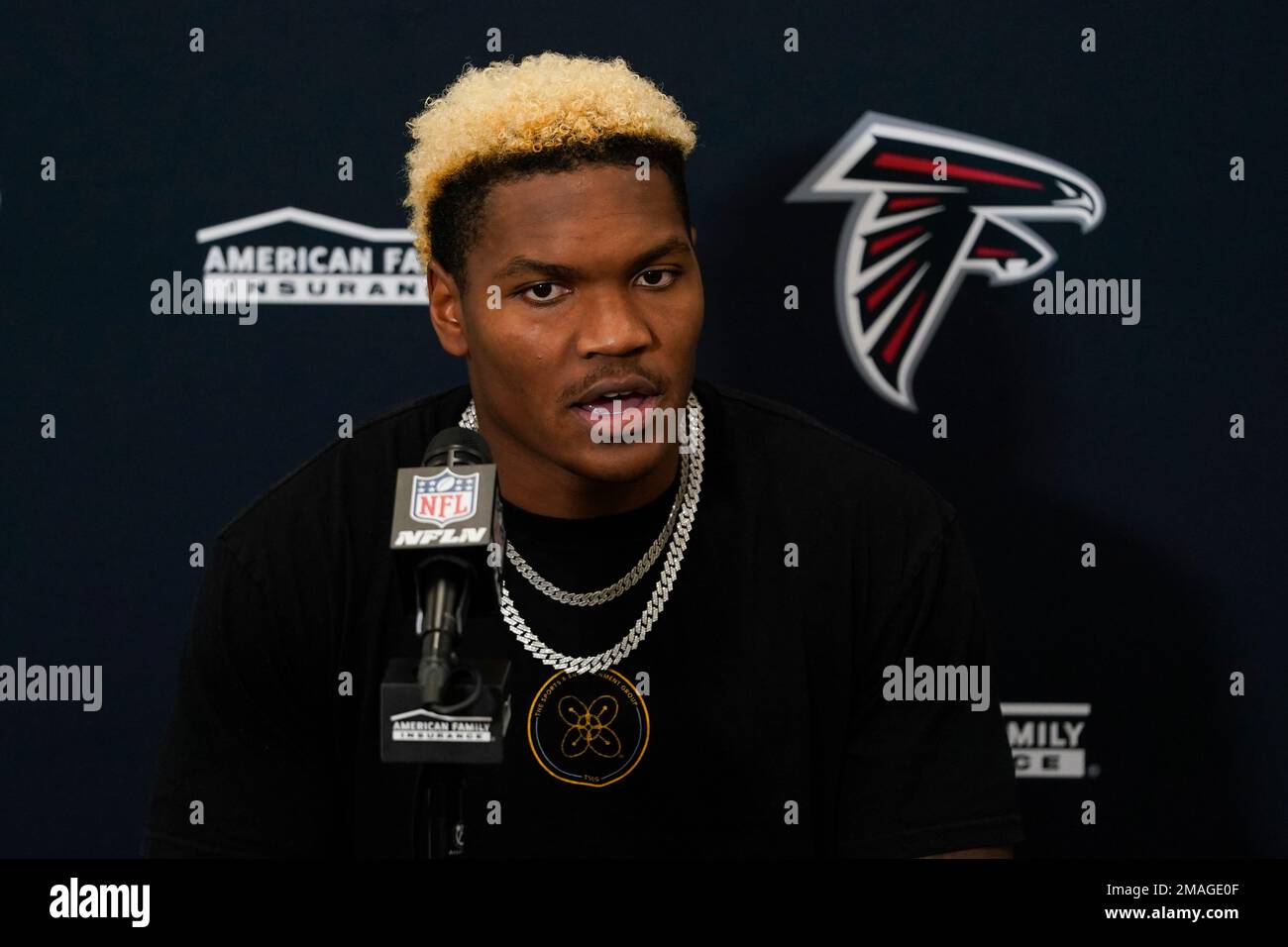 Atlanta Falcons linebacker Mykal Walker speaks at a news conference ...
