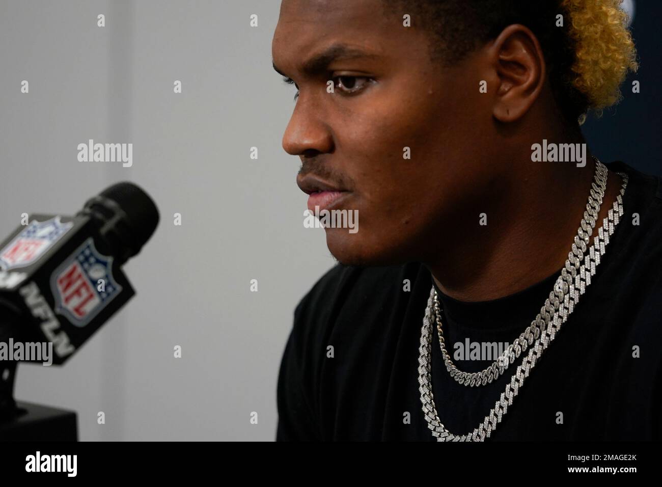 Atlanta Falcons linebacker Mykal Walker speaks at a news conference ...