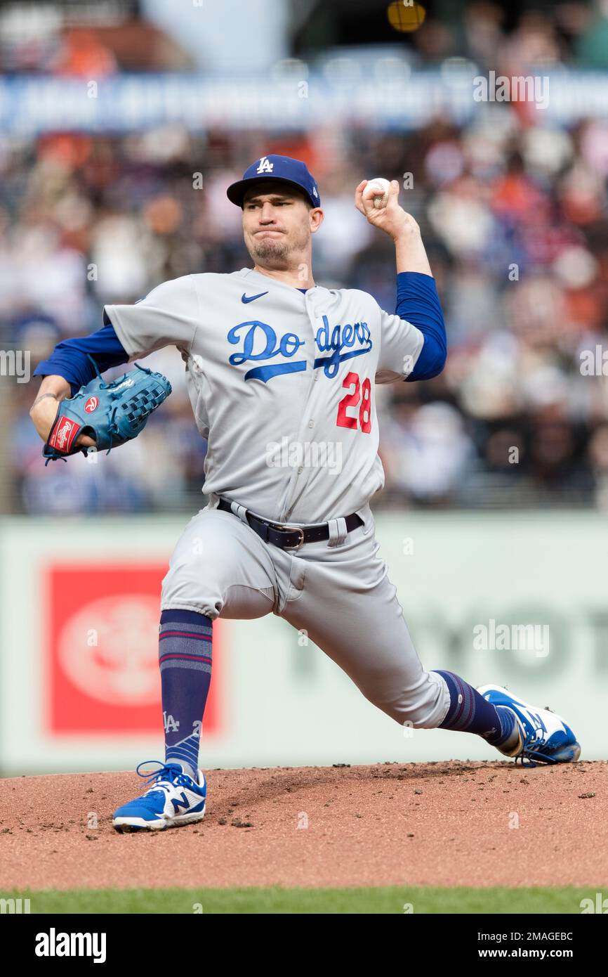 Los Angeles Dodgers' Andrew Heaney pitches against the San Francisco ...