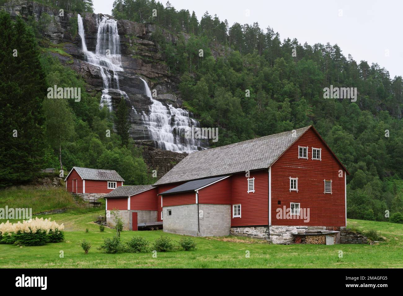 Tvindefossen is a waterfall near Voss, Norway. Traditional Scandinavian ...