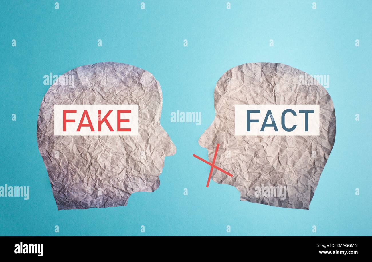 Fake or fact on a head, false and truth information, propaganda and ...