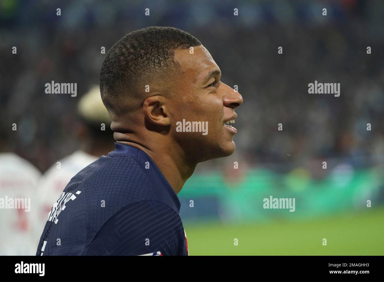 PSG's Kylian Mbappe reacts after missing a goal opportunity during the ...