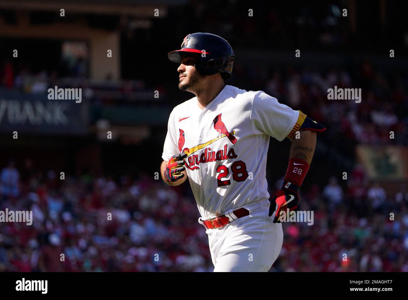 St. Louis Cardinals' Nolan Arenado jogs off the field after popping out ...