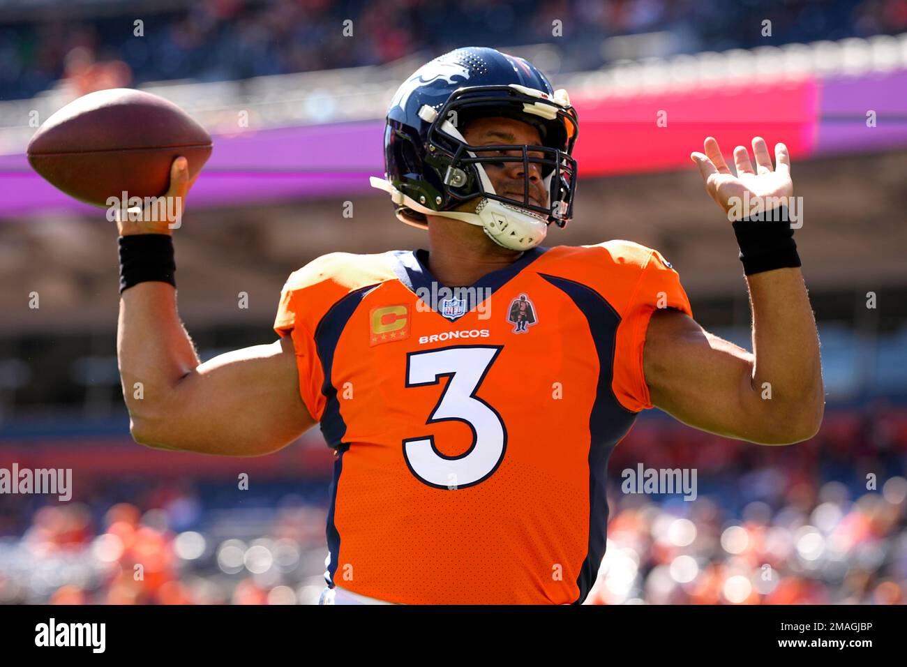 Denver Broncos quarterback Russell Wilson (3) warms up prior to an NFL ...