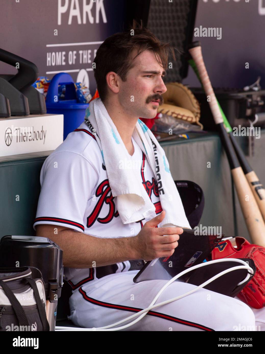 Atlanta Braves pitcher Spencer Strider sits in the dugout after ...