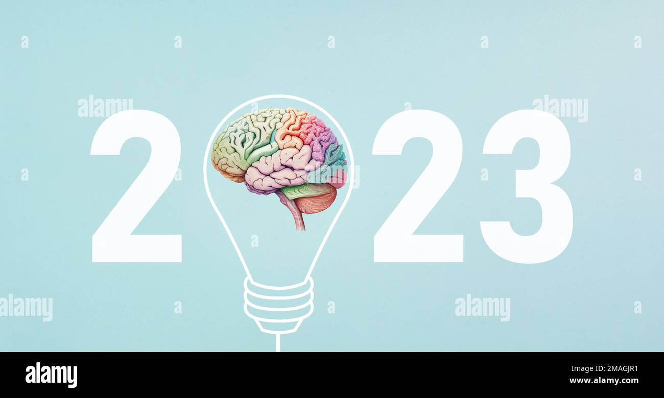 Idea for 2023 in progress, light bulb with human colorful brain ...