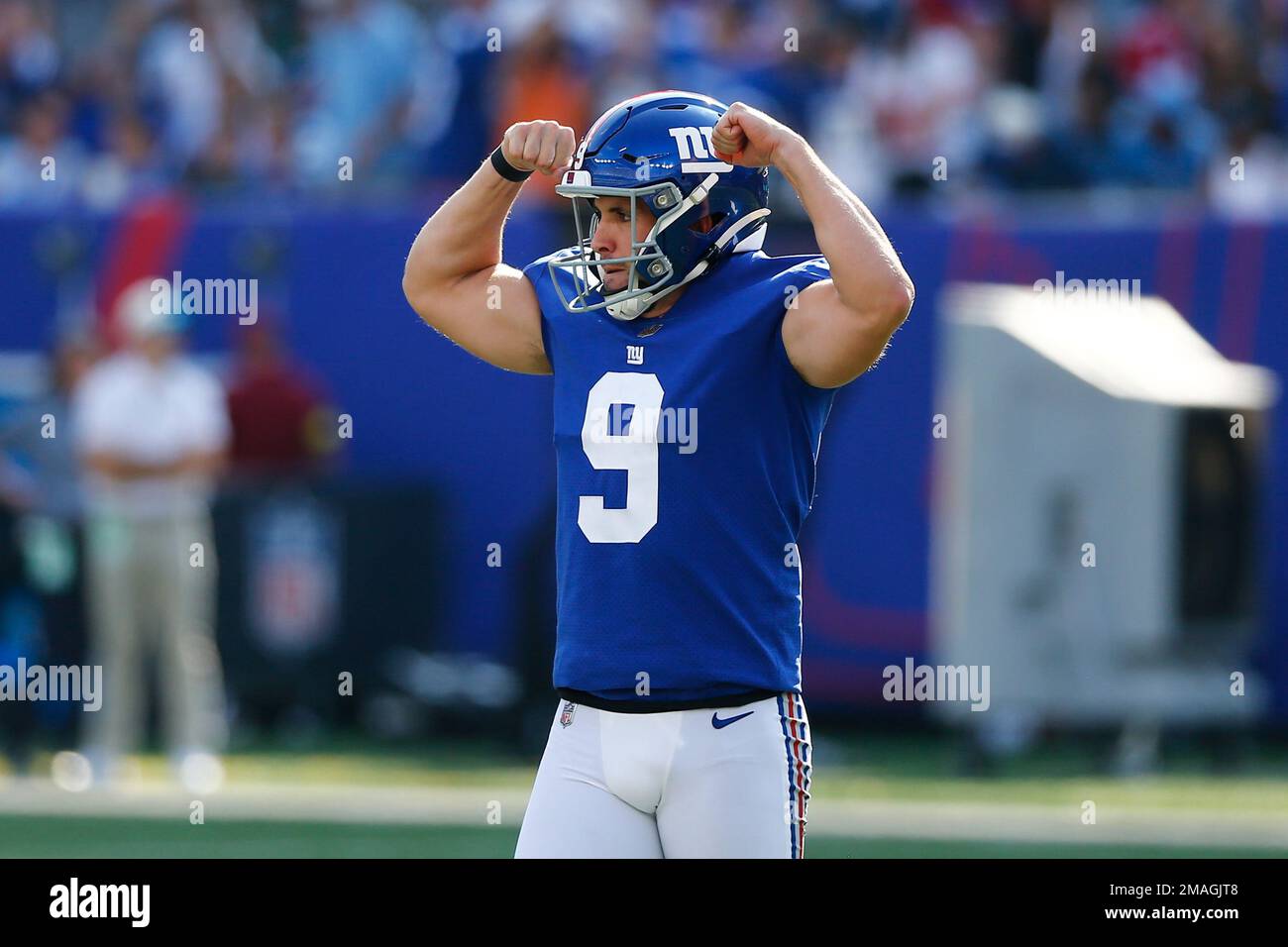 New York Giants place kicker Graham Gano reacts after hitting a field ...