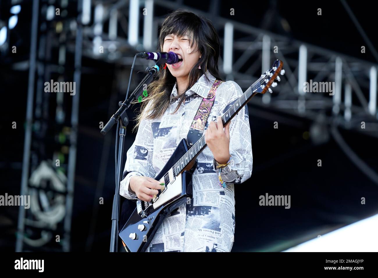 Lucia de la Garza of The Linda Lindas performs on day three of Riot ...