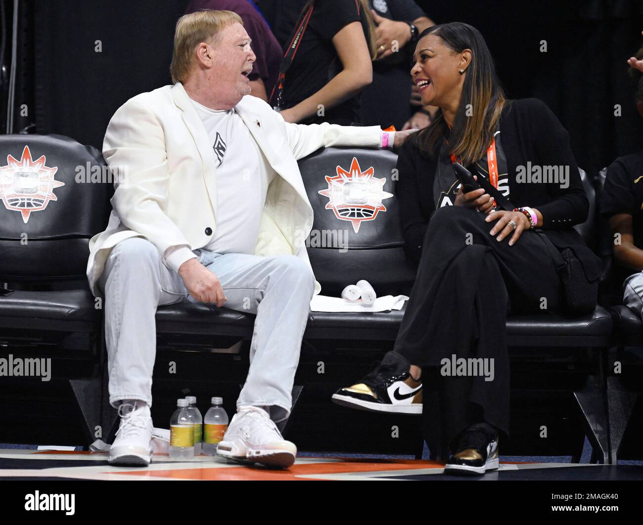 Las Vegas Aces owner Mark Davis, left, speaks with Aces president Nikki ...