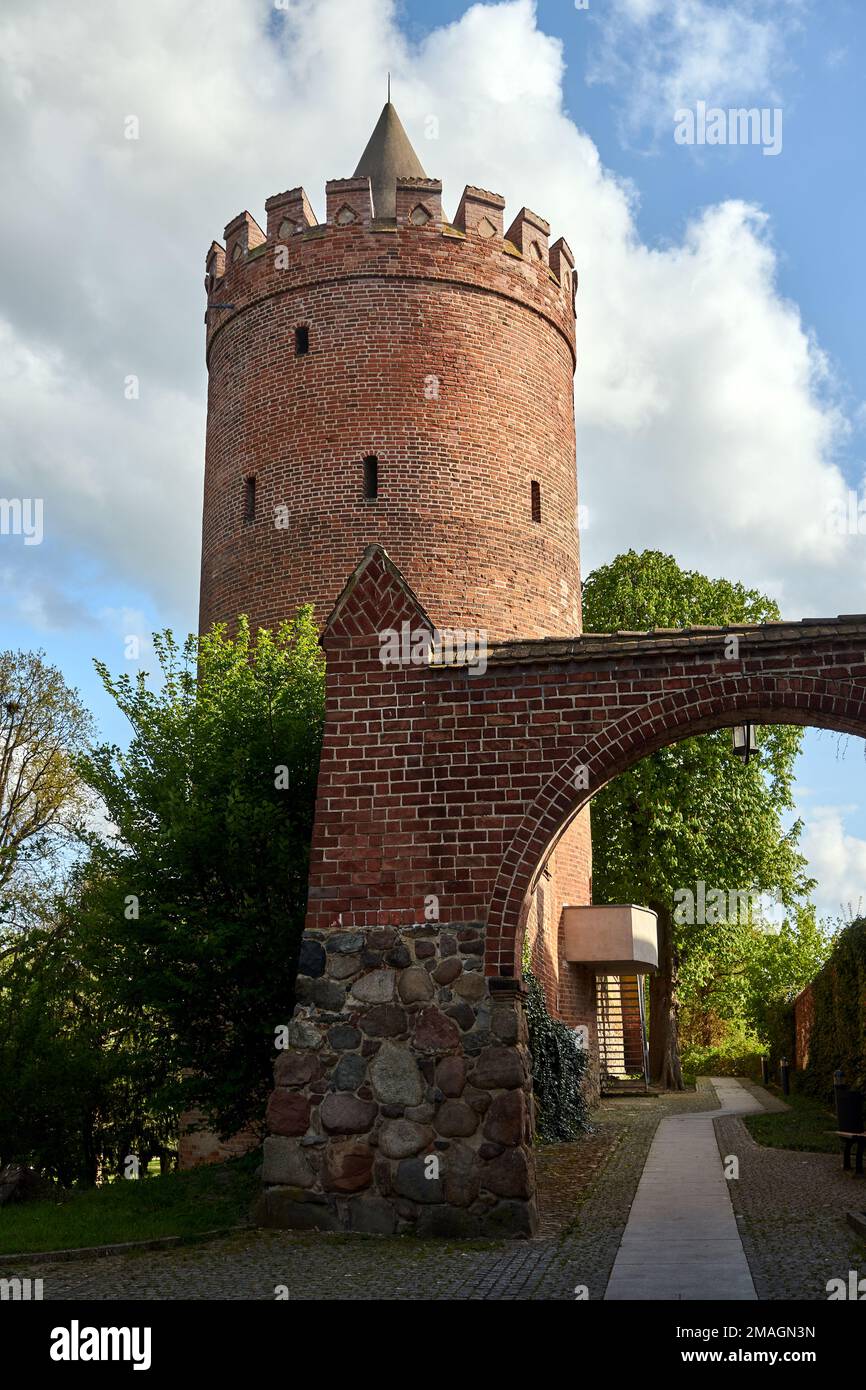 medieval fortifications with a round tower and a stone wall in Prenzlau ...
