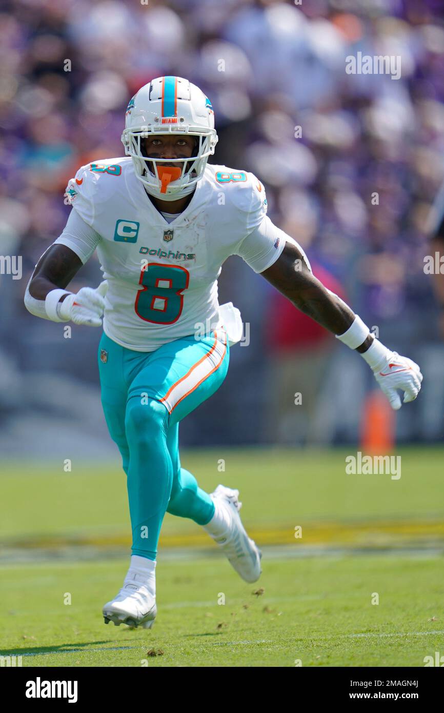 Miami Dolphins safety Jevon Holland (8) runs during the first half of ...