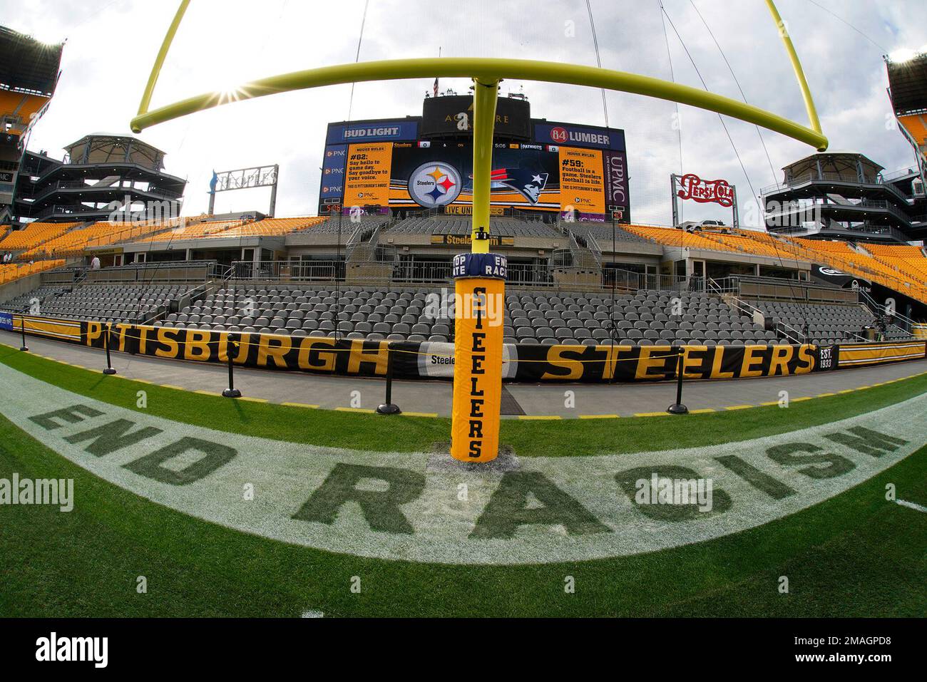 This is a goalpost and message painted in the end zone at Acrisure ...