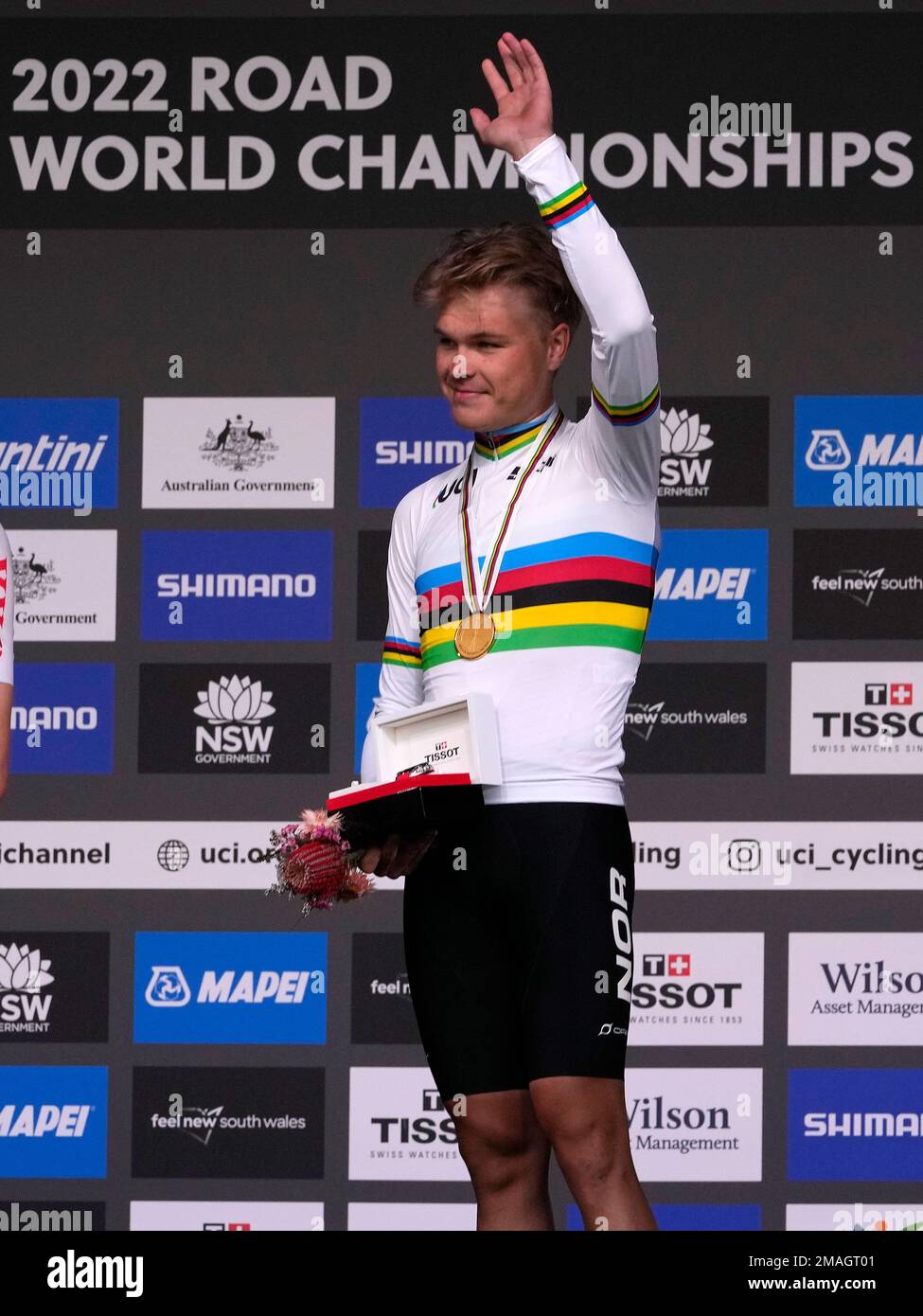 Tobias Foss of Norway waves after winning the men's elite individual ...