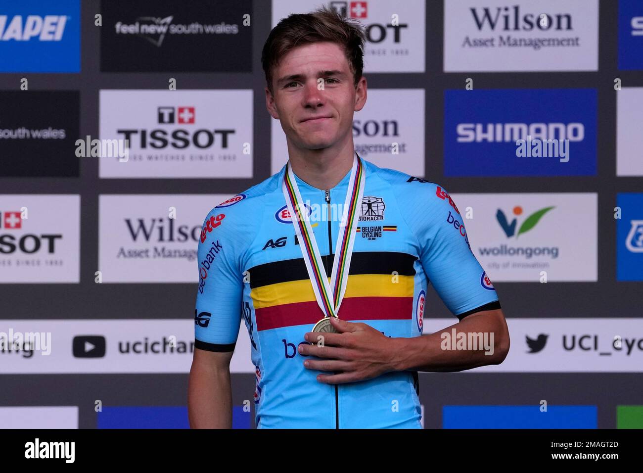 Remco Evenepoel of Belgium holds his bronze medal he won in the men's ...