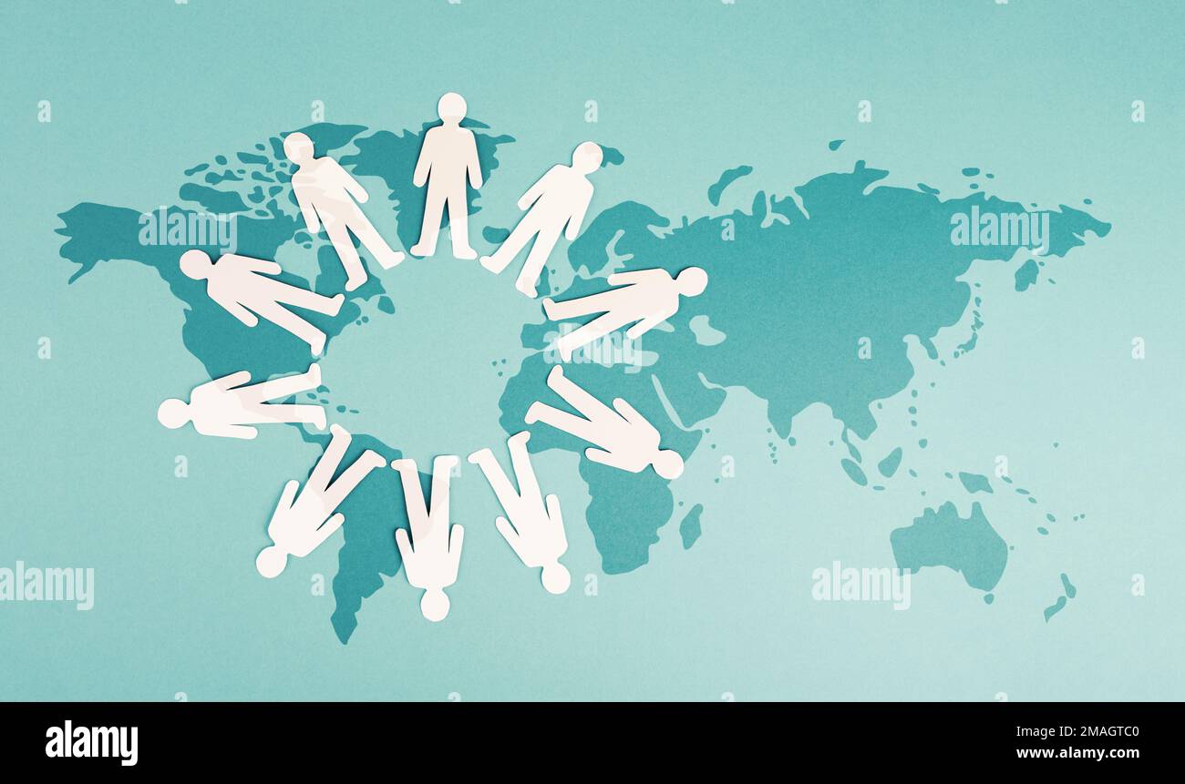 Group of men staning in a circle, on the world map, global ...