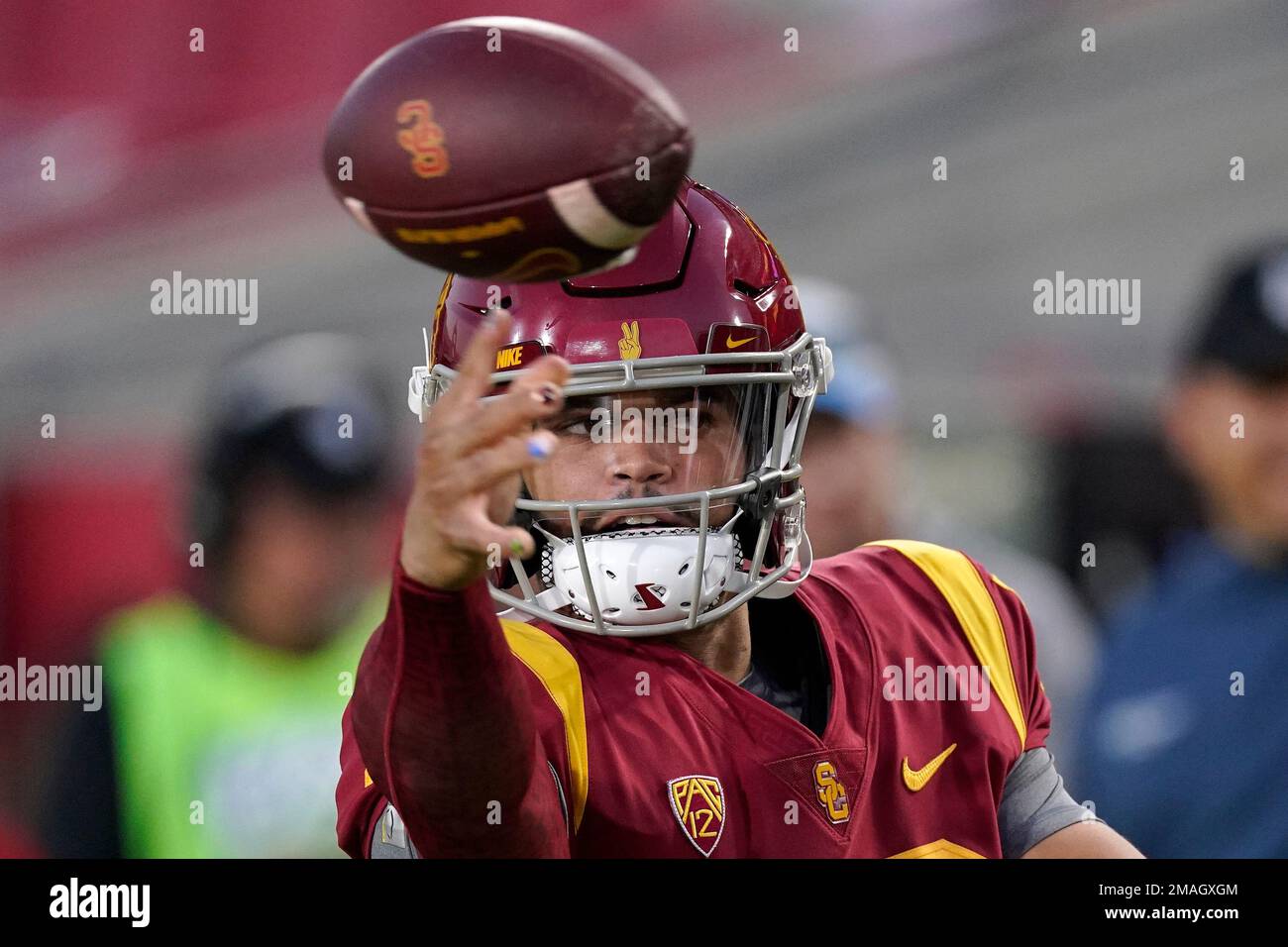 Southern California quarterback Caleb Williams warms up prior to an NCAA college football game ...