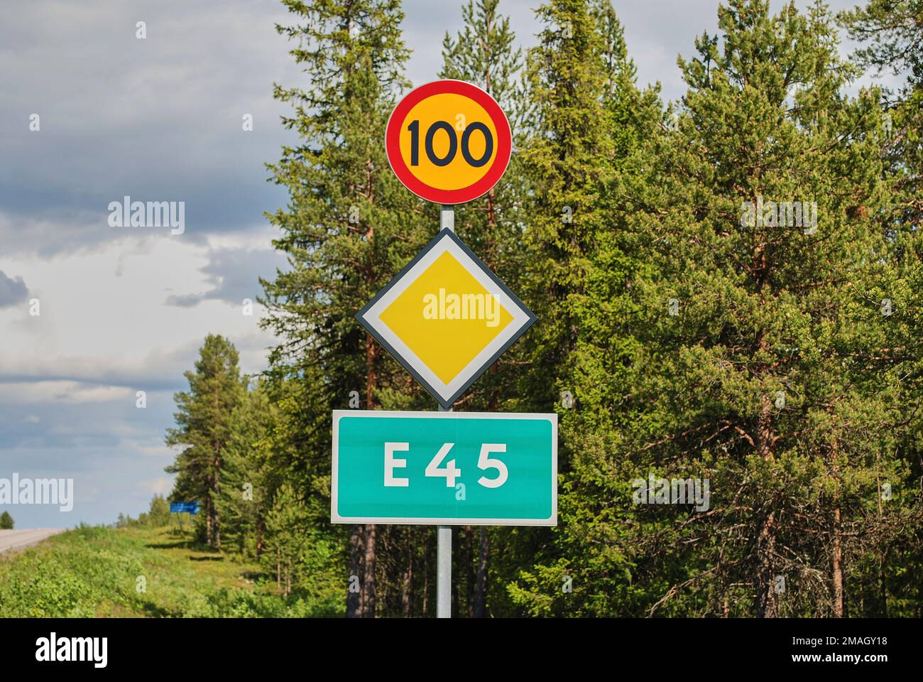 road sign of the E45 highway and speed limit in Sweden, crossing the ...