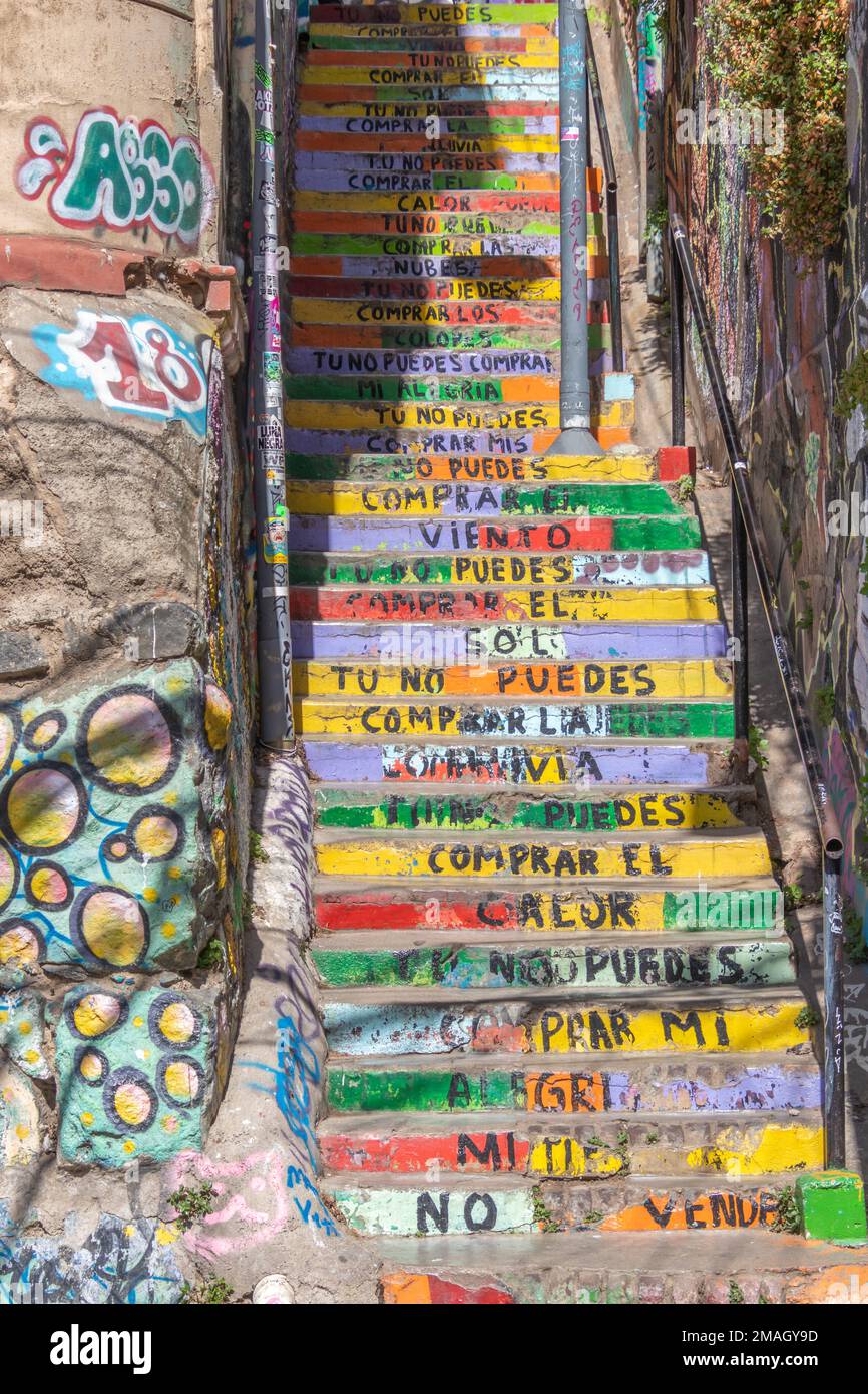Valparaiso, Chile - Dec 5, 2022: Stairs with graffiti on a steep street ...