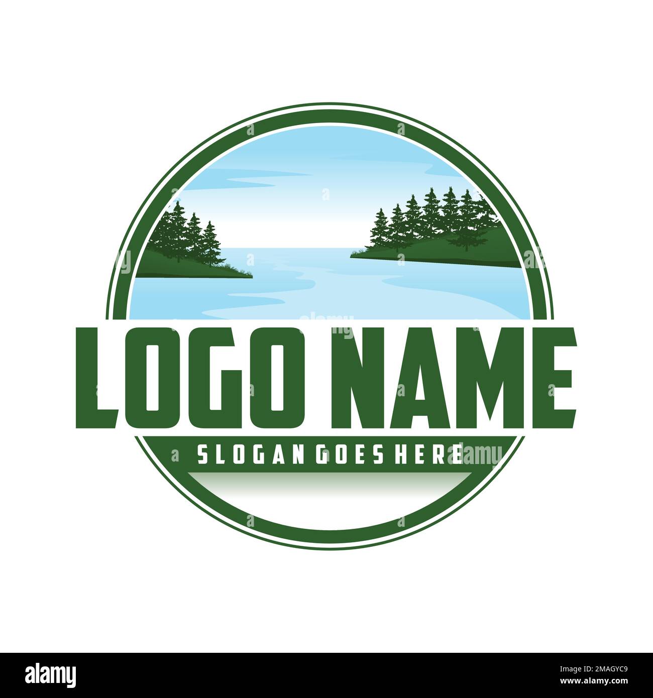 Lake and hill views with retro badge design on white background Stock ...