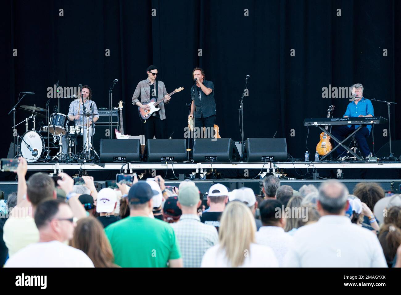 Liam Finn, lef, of Crowded House, Josh Klinghoffer, Eddie Vedder of ...