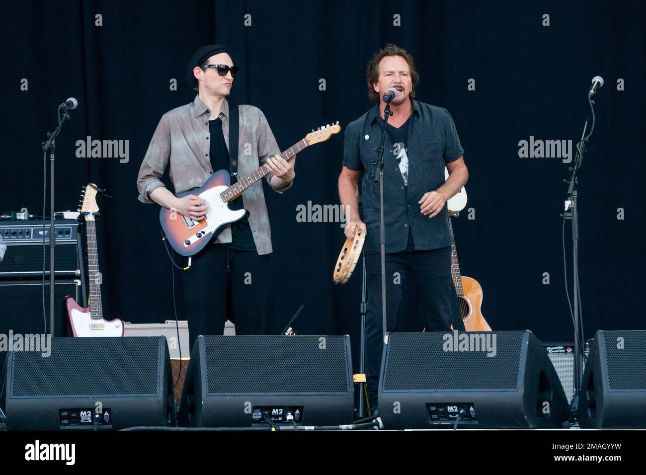 Josh Klinghoffer, left, and Eddie Vedder of Pearl Jam perform with Crowded House at Bourbon and ...