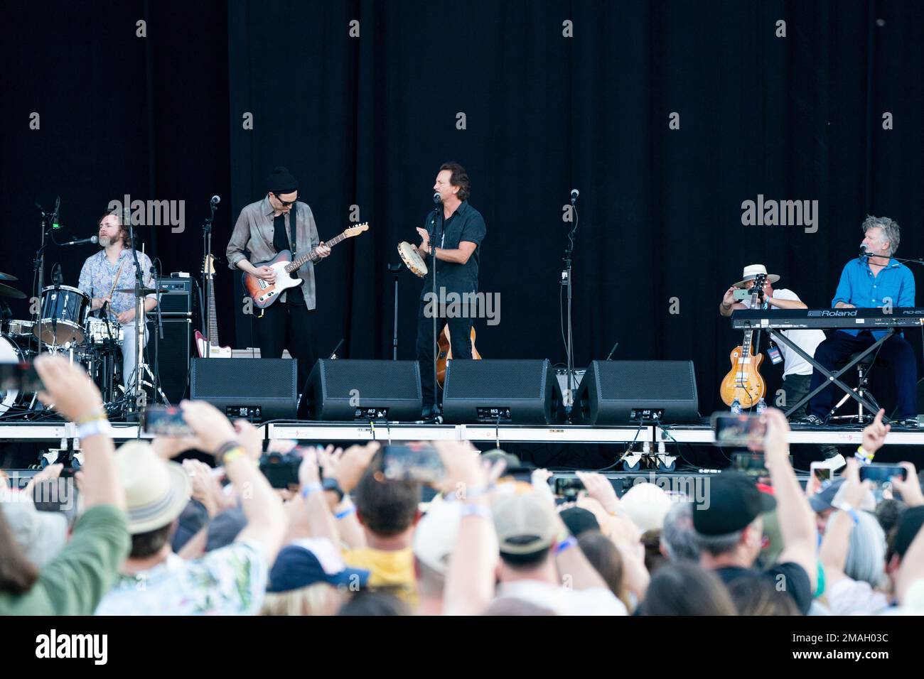 Liam Finn, lef, of Crowded House, Josh Klinghoffer, Eddie Vedder of ...