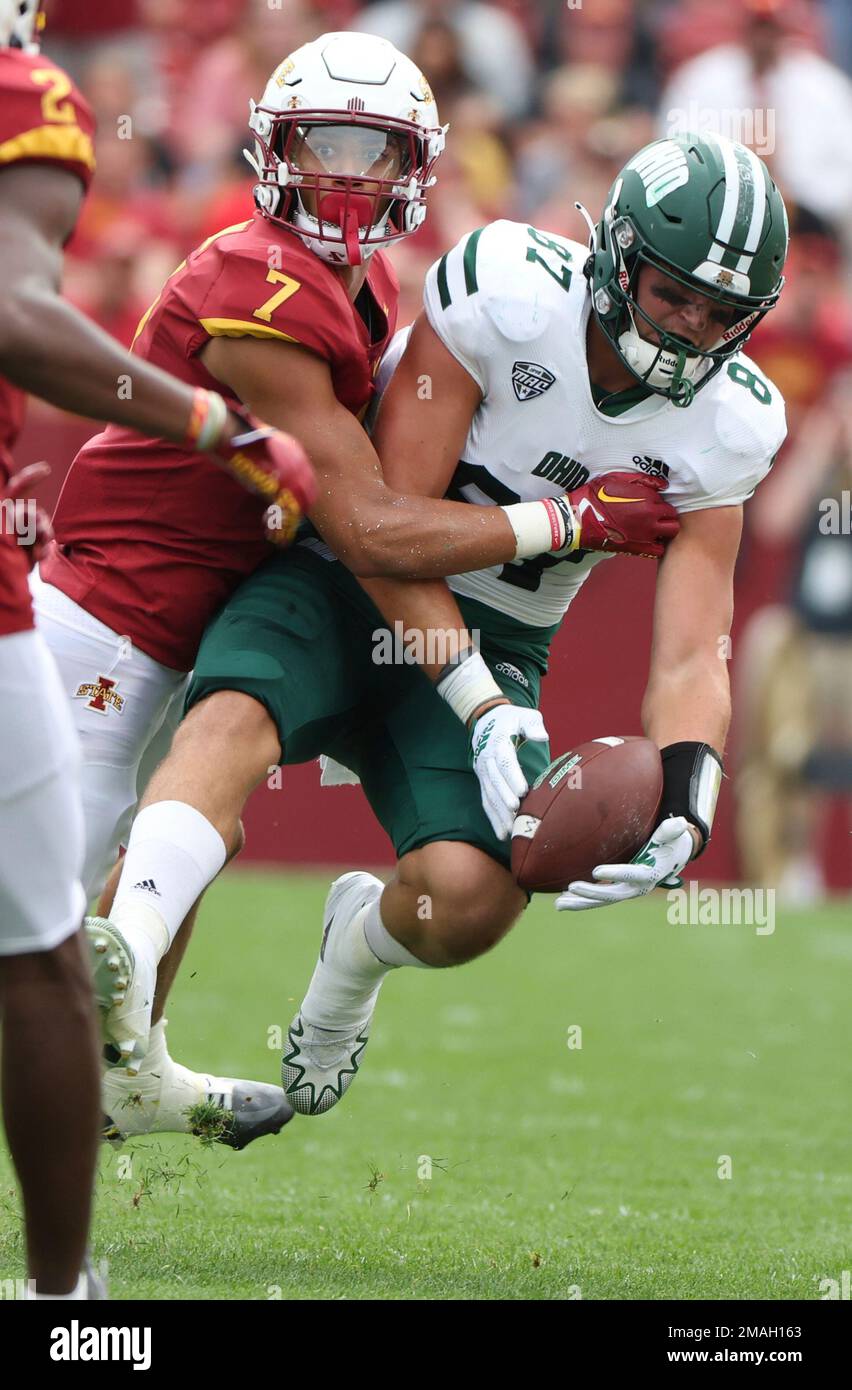 Ohio tight end Will Kacmarek (87) tried to catch a pass as he is hit by ...