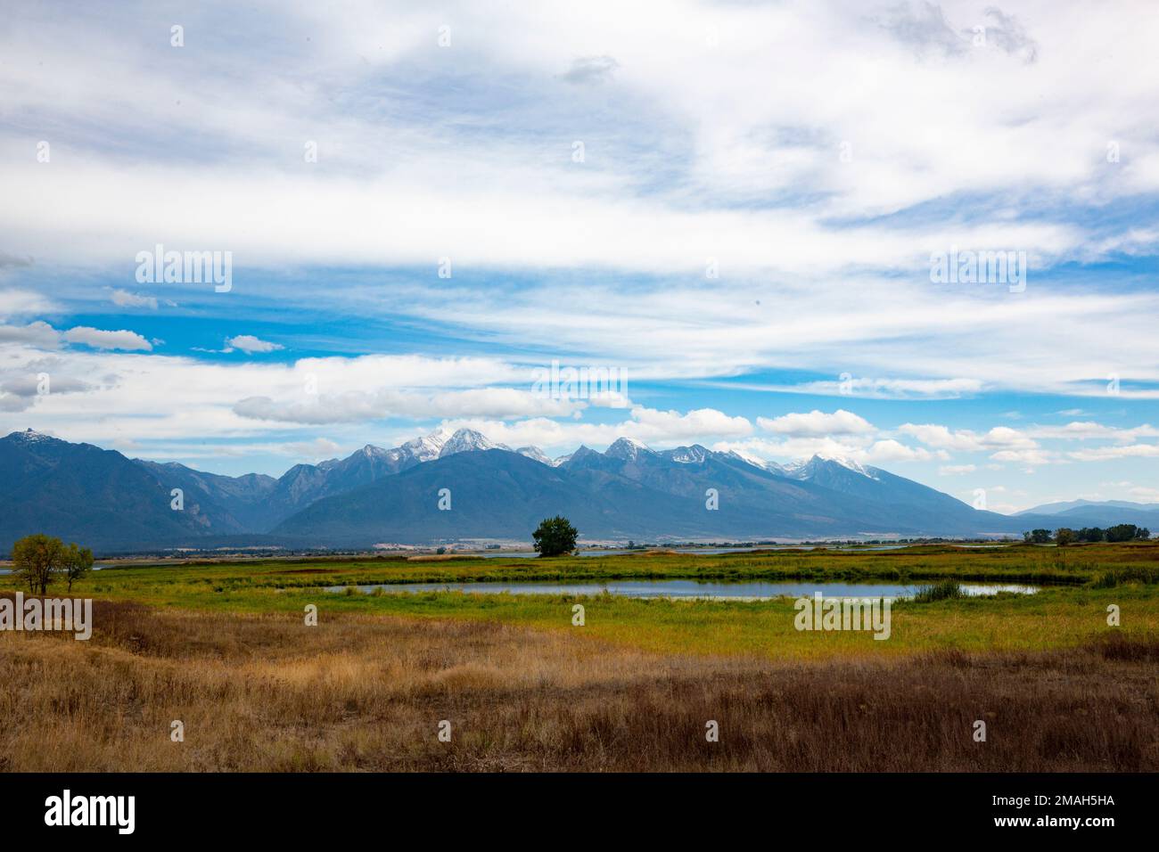 Mission Mountains Range view from wetlands of Nine Pipes National ...