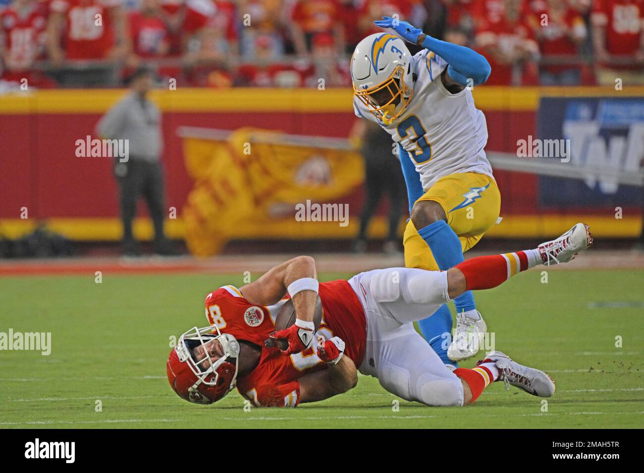 Los Angeles Chargers safety Derwin James Jr. (3) reacts after tackling ...