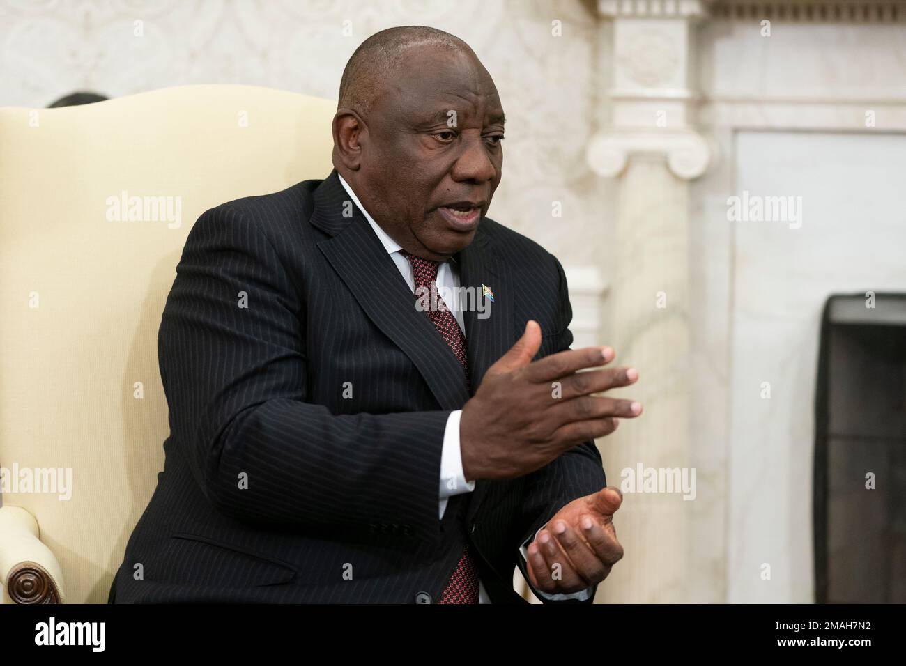 South African President Cyril Ramaphosa speaks during a meeting with ...