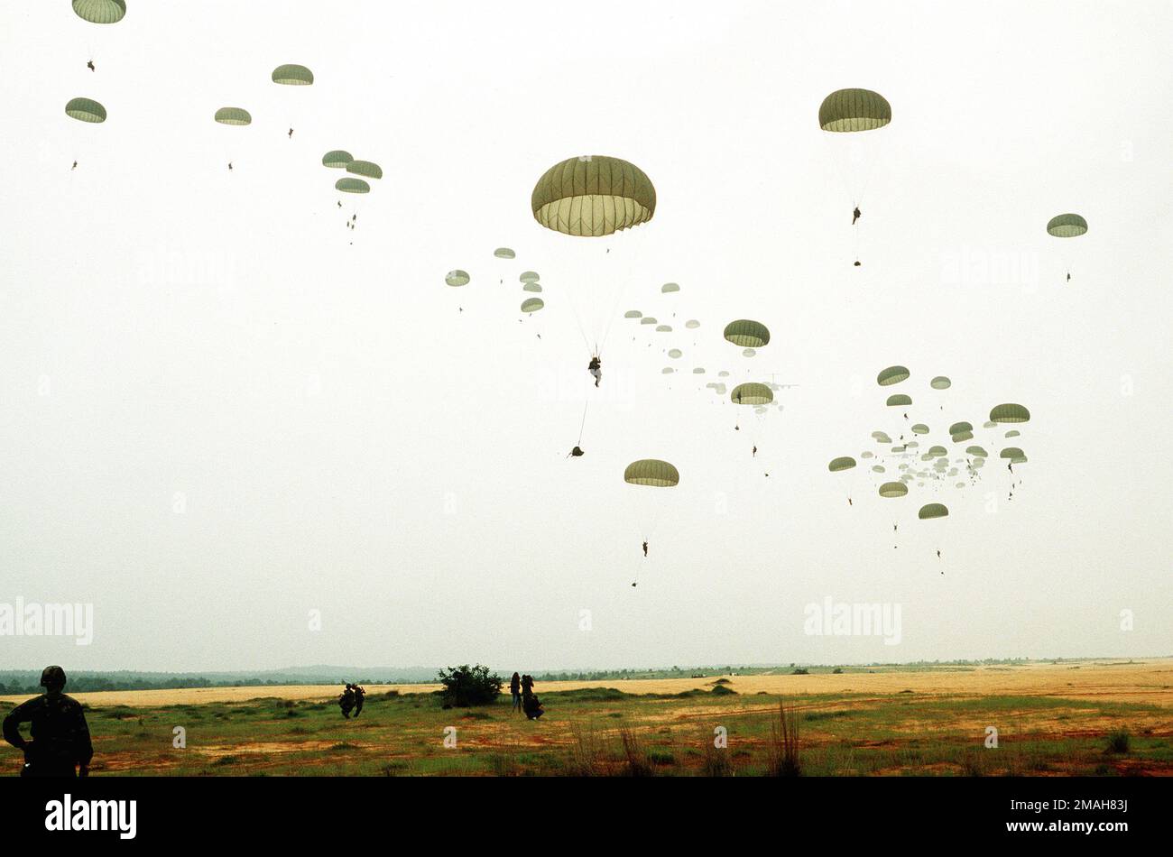 U.S. Army paratroopers from the 82nd Airborne Division parachute from a ...