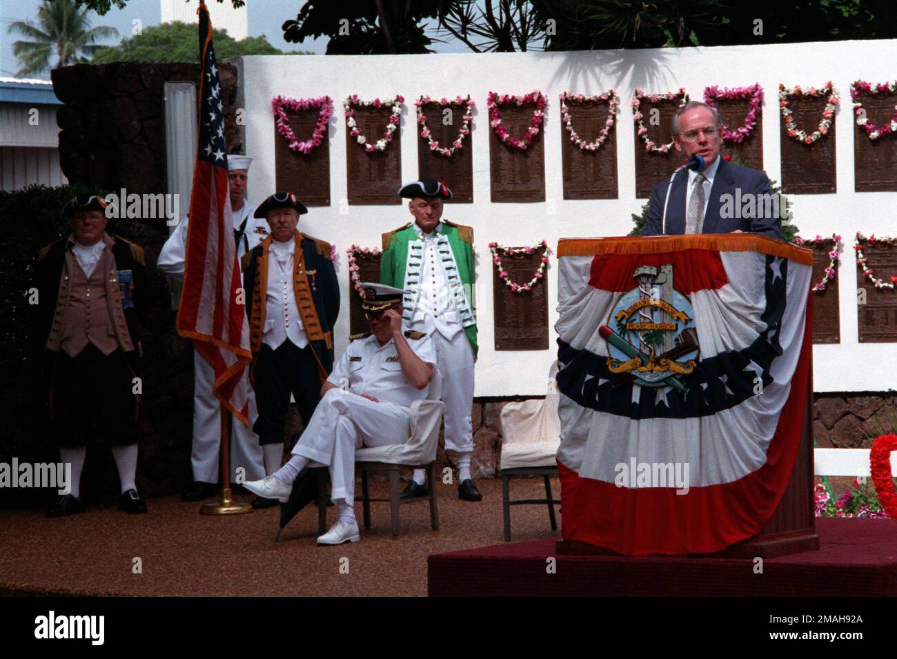 Secretary of the Navy H. Lawrence Garrett III speaks during a ceremony ...