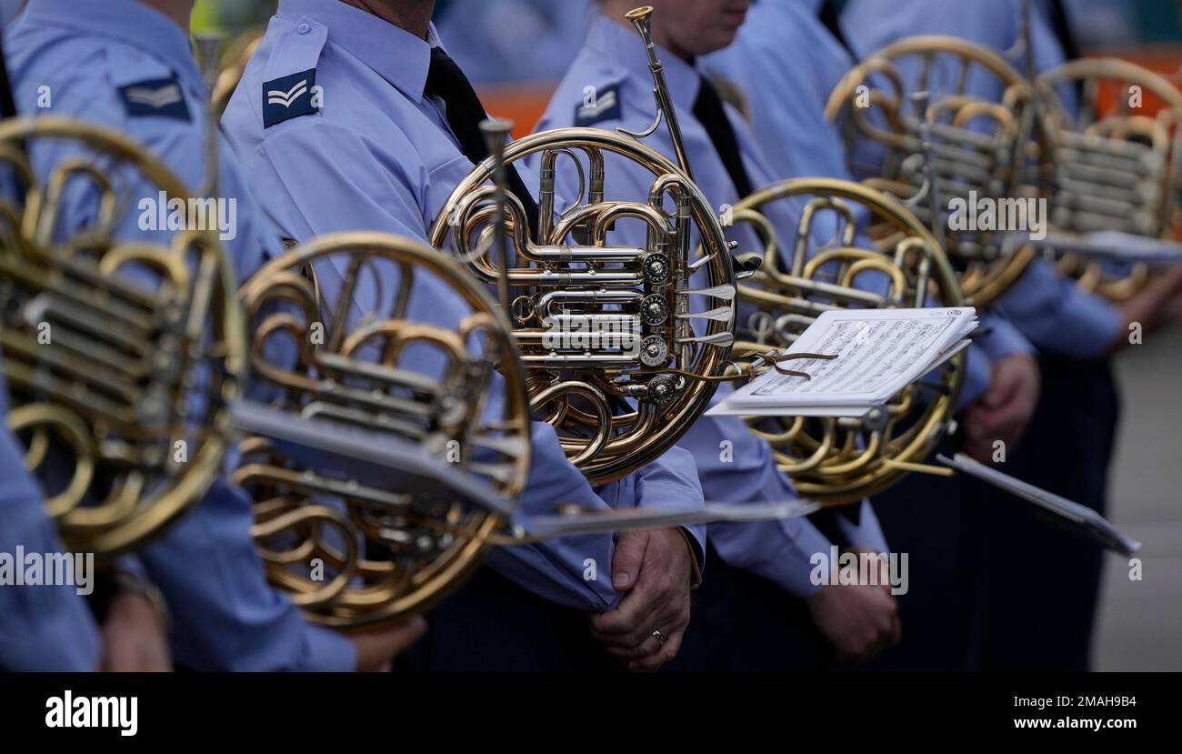 Members of the Royal Air Force Band take part in final drills as they ...