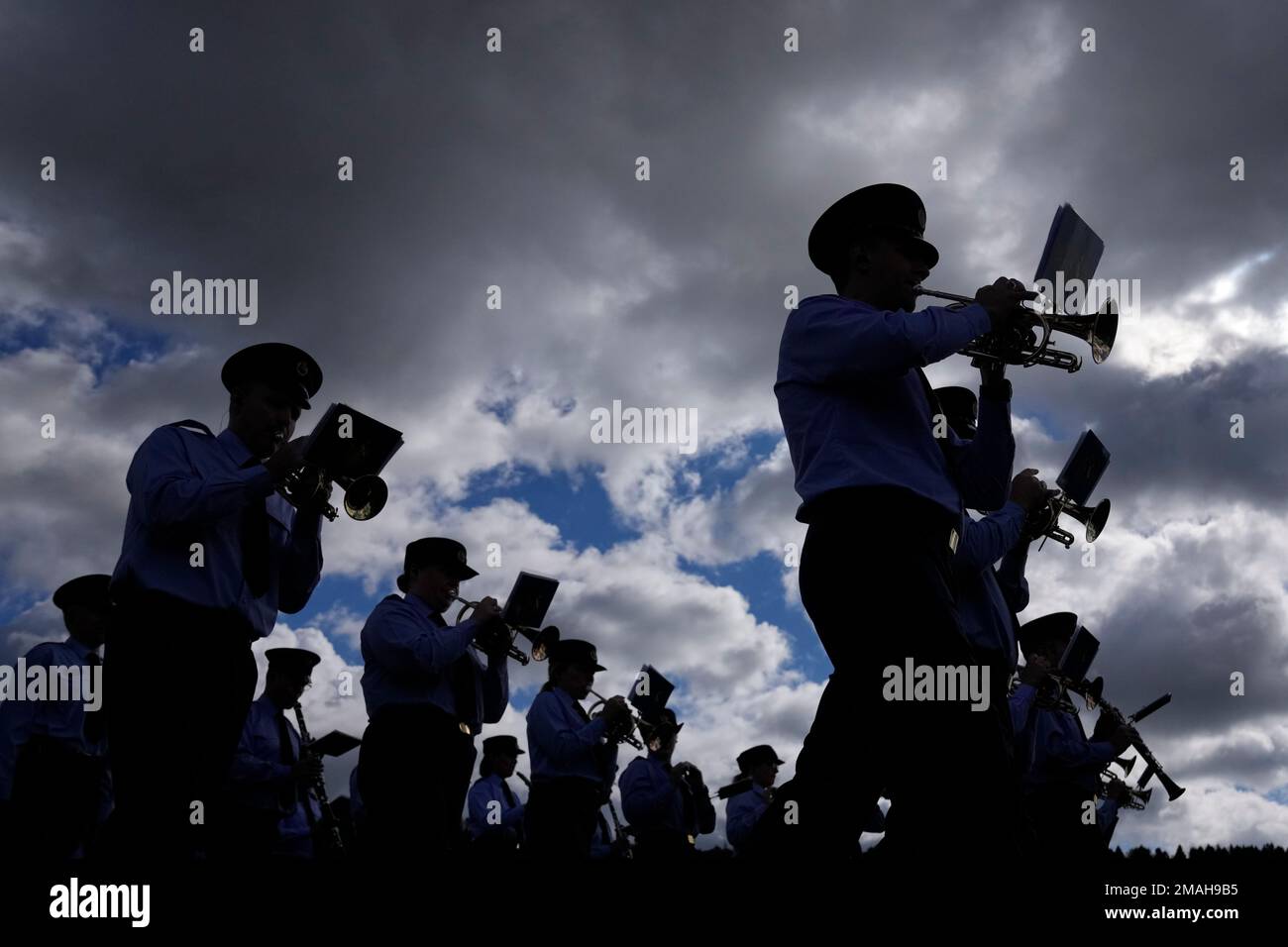 Members of the Royal Air Force Band take part in final drills as they ...